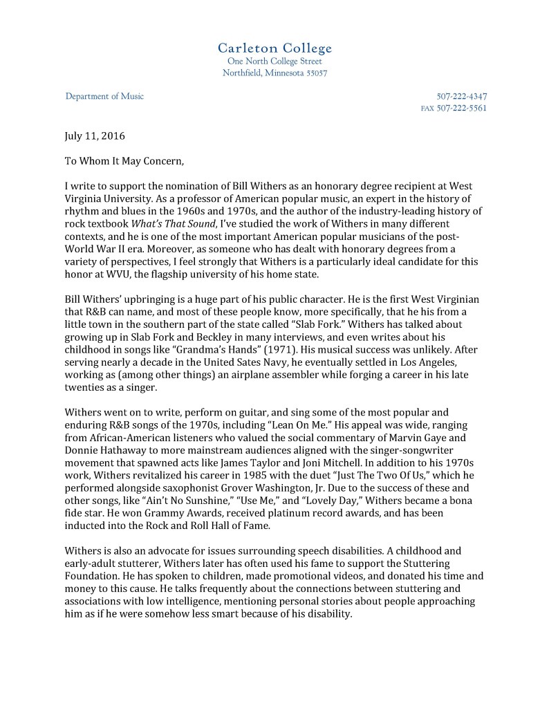 Remembering Bill Withers: The Nomination Letters for his 2017 WVU ...